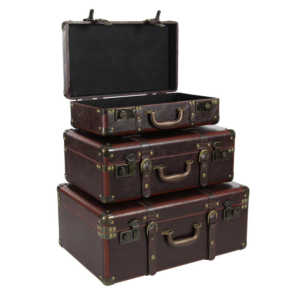Williston Forge Marissa Faux Leather Nesting Upholstered Decorative Brown Trunk with Vintage ...
